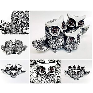 Owl Statue for Home Décor Accents, Owl Figurine Decoration for Living Room Kitchen Bedroom Bathroom, Cute Family Set with Wings All Together, Nice Decor (White/Black)