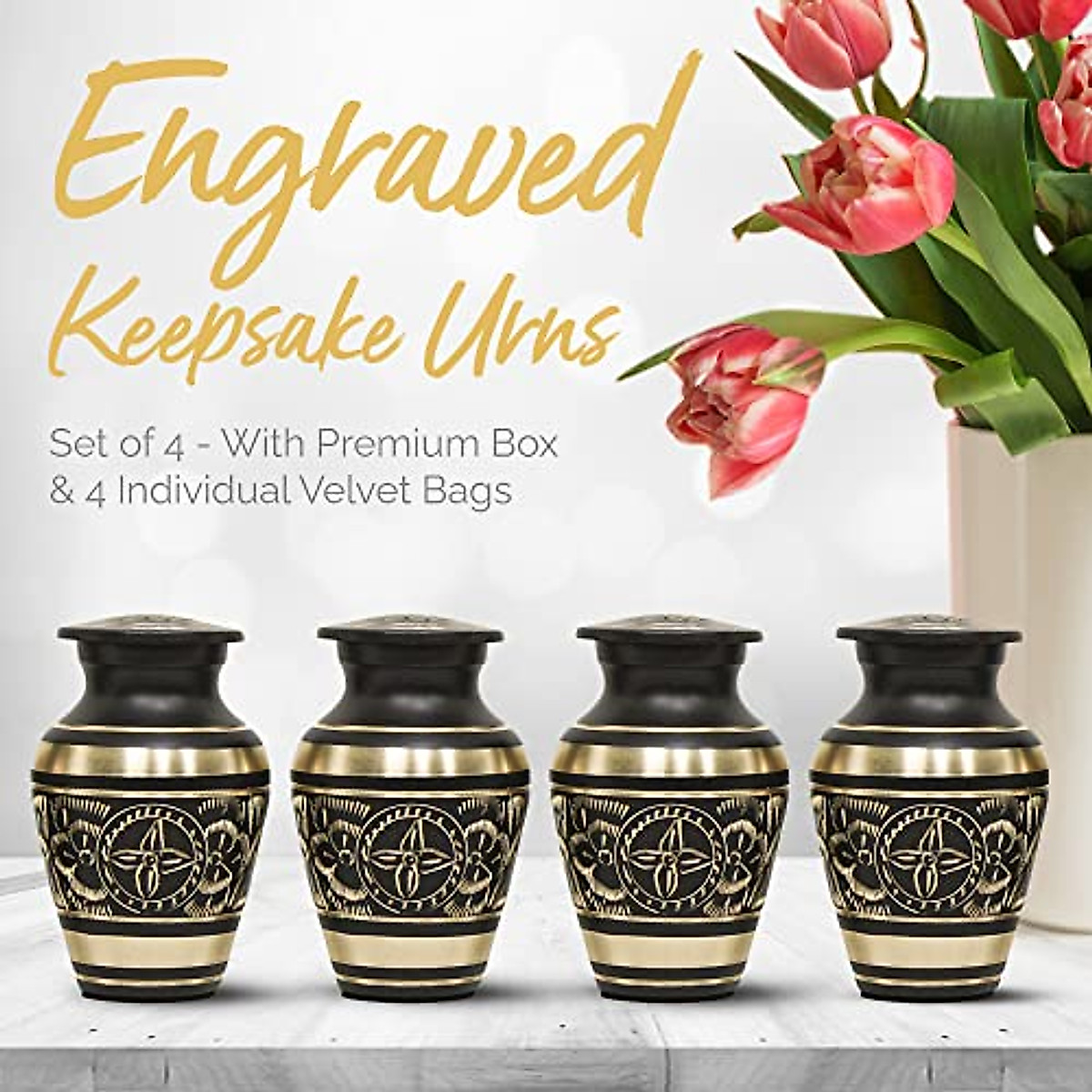 Black Keepsake Urns for Human Ashes - Small Urns Set of 4 with Box & Bags - Honor Your Loved One with Mini Urns for Ashes Adult Male & Female - Handcrafted Small Cremation Urns - Unique Black Urns