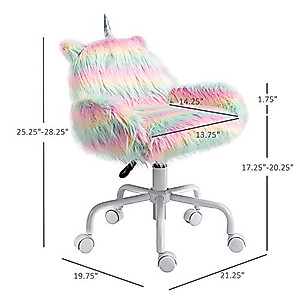 HOMCOM Fluffy Unicorn Office Chair with Mid-Back and Armrest Support, 5 Star Swivel Wheel White Base, Rainbow