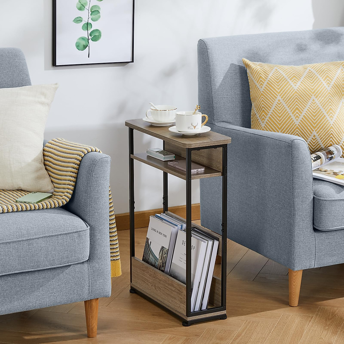 Vintage Narrow Side Table with Storage Shelf, 3 Tier Slim End Table Modern Sofa Table for Narrow and Small Spaces, 24.6 Inch Height Bedside Table Small Nightstand with Magazine Rack (Oak)