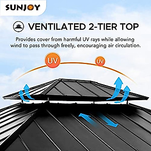 Sunjoy 11 x 13 ft. Wood Gazebo Cedar Framed Gaezbos with Black Double Steel Hardtop Roof for Garden, Backyard Shade
