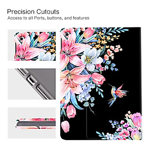 Vimorco Case for ipad 9th Generation 2021, Case for ipad 8th/7th Generation 2020/2019, Pu Leather Adjustable Stand Cover for Apple ipad 10.2 inch, Black Hummingbirds & Flowers