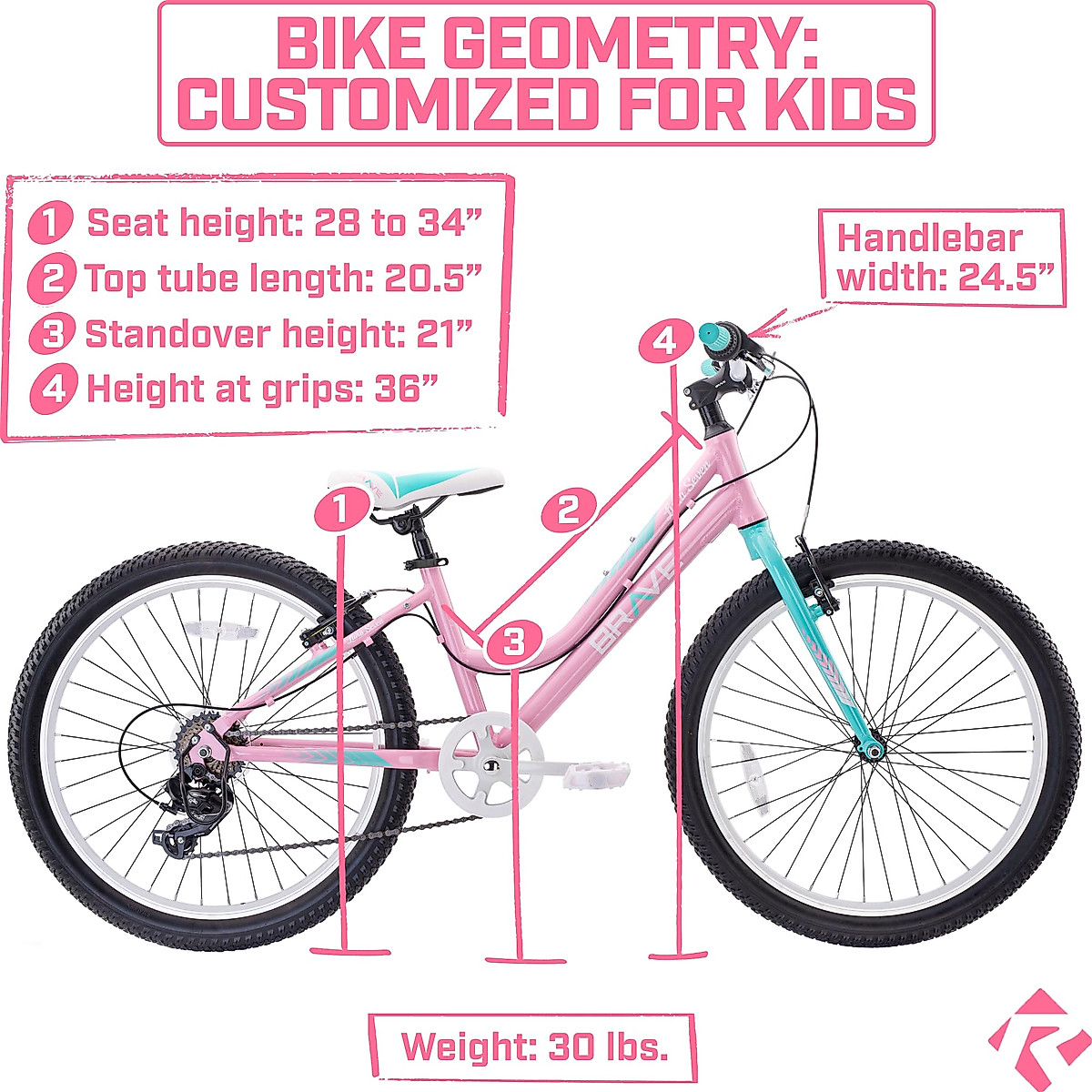 Revere Kids 24" Girls 7-Speed Cruiser Children's Bicycle for Ages 7-11 Years Old. Lightweight Aluminum Frame and Fork, Easy to Ride! (Pink/Cyan)