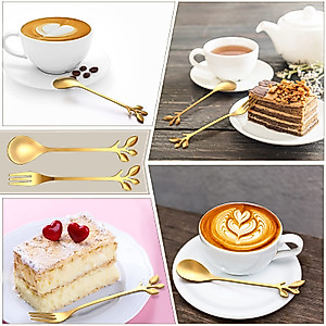 Stainless Steel Leaf Coffee Spoon and Appetizer Fork Tableware Dessert Spoon Mini Dessert Utensils Set Creative Demitasse Spoons and Forks for Stirring, Fruit, Cake, Coffee, Tea (Gold, 40 Pieces)