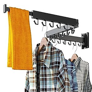 HEILAIYI Clothes Drying Rack for Laundry,Wall Mounted Clothes Hanger Rack,Folding,Retractable,Collapsible(J Shape Hooks)