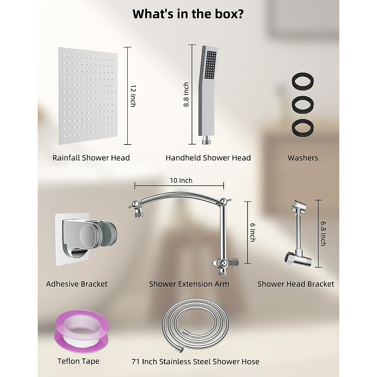 Hibbent All Metal 12'' Rainfall Shower Head, Square Shower Head Combo, High Pressure Handheld Shower Wand, 16'' Adjustable Arc-shaped Shower Extension Arm, 71'' Hose, 2 Showerhead Holders, Chrome