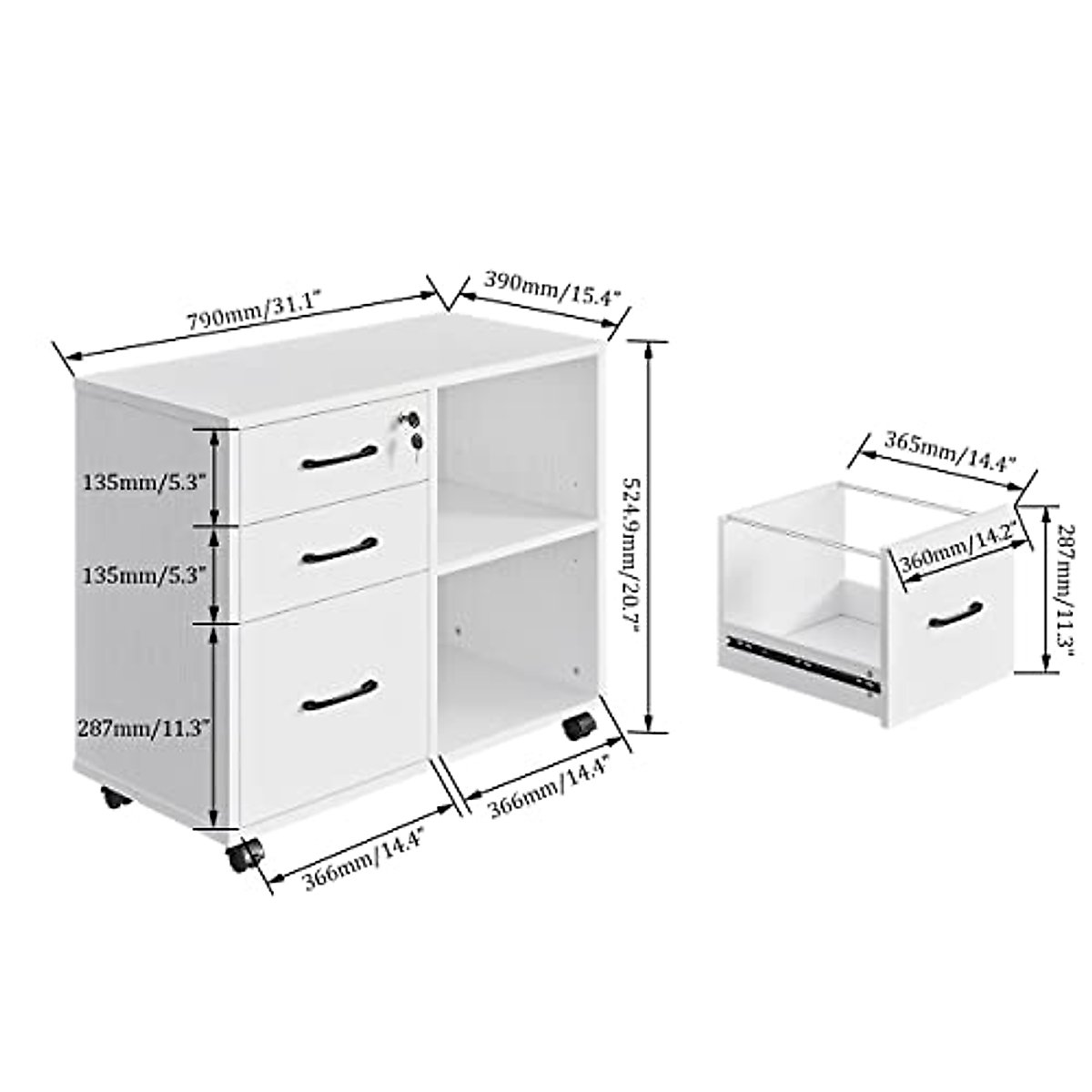 3 Drawer Office File Cabinets, Mobile Lateral Printer Stand with Open Storage Shelf, Rolling Filing Cabinet with Wheels Home Office Organization and Storage (White)