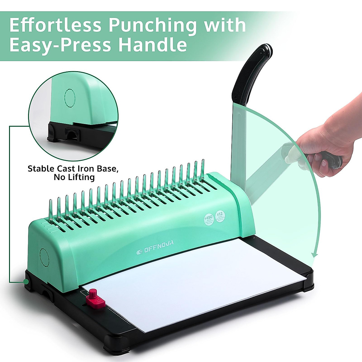 OFFNOVA Binding Machine, 21-Hole 450 Sheets Paper Comb Punch Binder Machine for Letter Size / A4 / A5, Easy to Punch Handle, Adjustable Margin