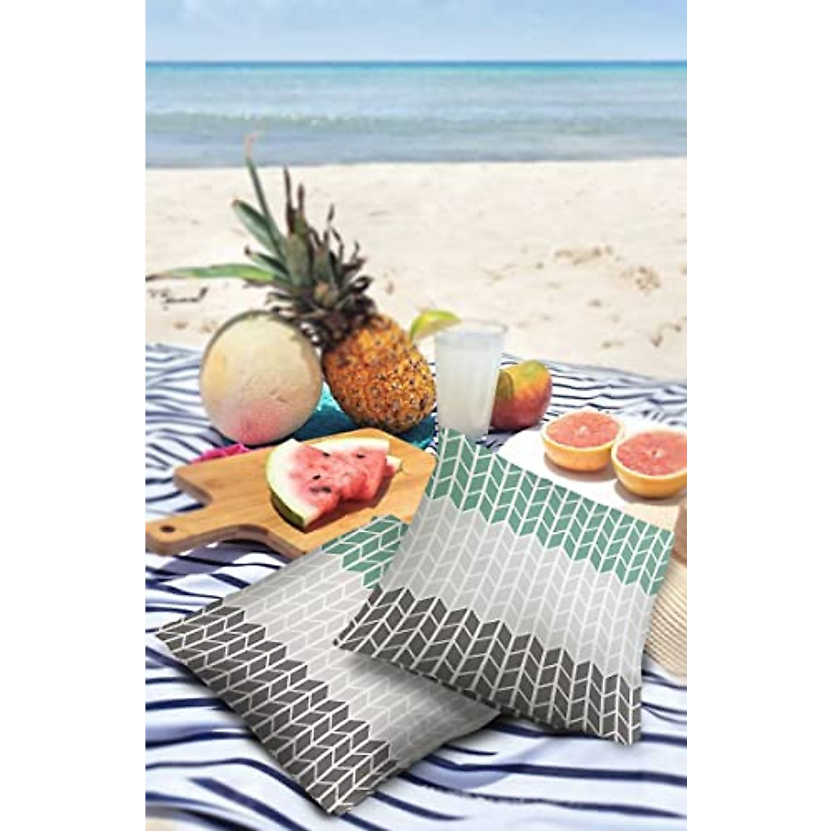 Outdoor Pillows 18x18 Waterproof Outdoor Pillow Covers, Herringbone Geometric Chevron Polyester Throw Pillow Covers Garden Cushion Decorative Case for Patio Couch Decoration Set of 2, Green Grey White