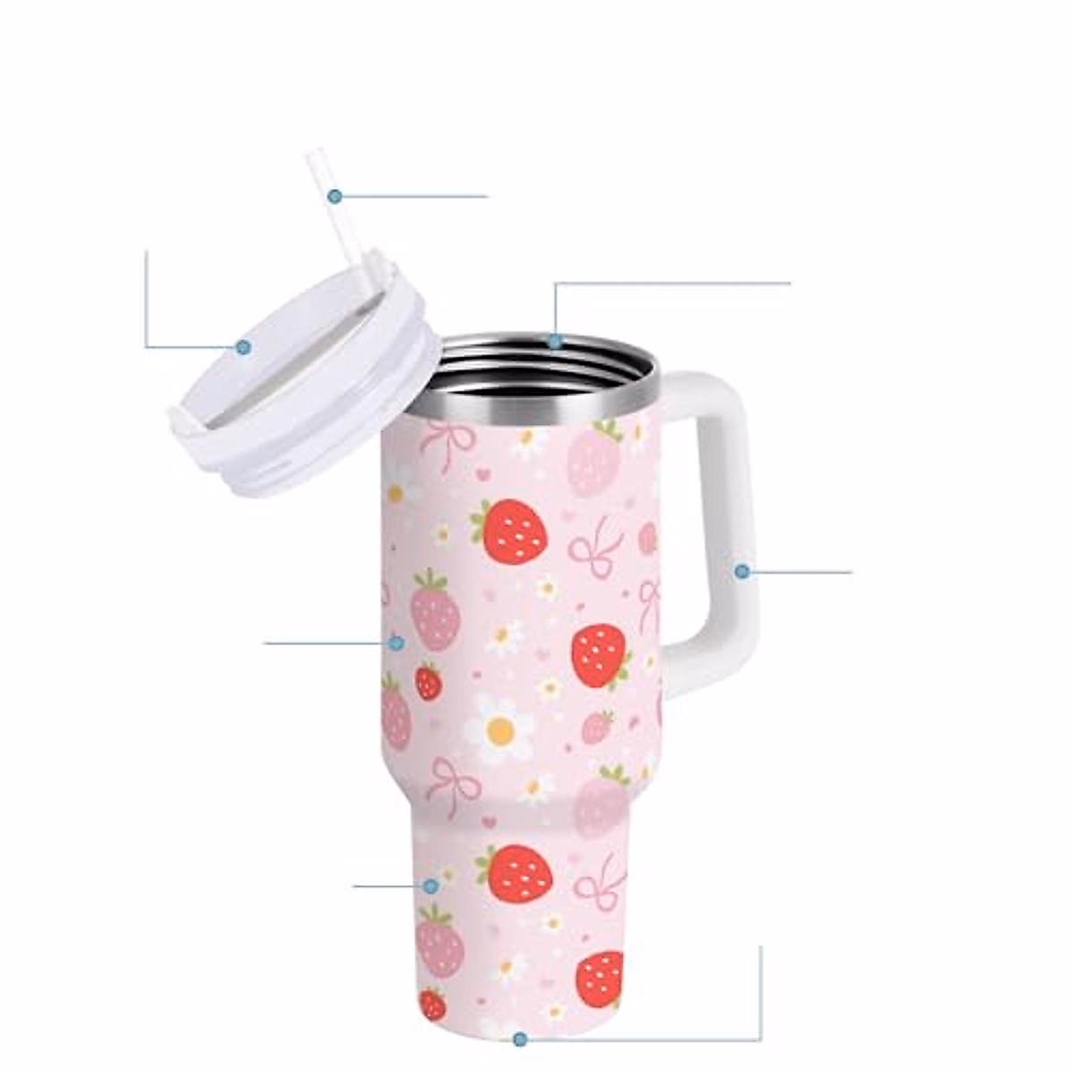YNNALE 30 oz Tumbler with Straw & Handle - 2 in 1 Lids Leak Proof Tumblers - Large Insulated Stainless Steel Cup - BPA-Free Water Bottle Travel Metal Mug for Women Man,Bow Floral Cute Pink Strawberry