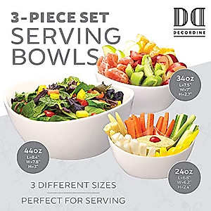 3 Piece Serving Bowl Set – Elegant White Porcelain Salad Bowls for Fruit, Salad, Pasta and Soup - Food Server Display Dishes for Party or Display - 24 oz. 34 oz. and 44 oz. - by DécorDine