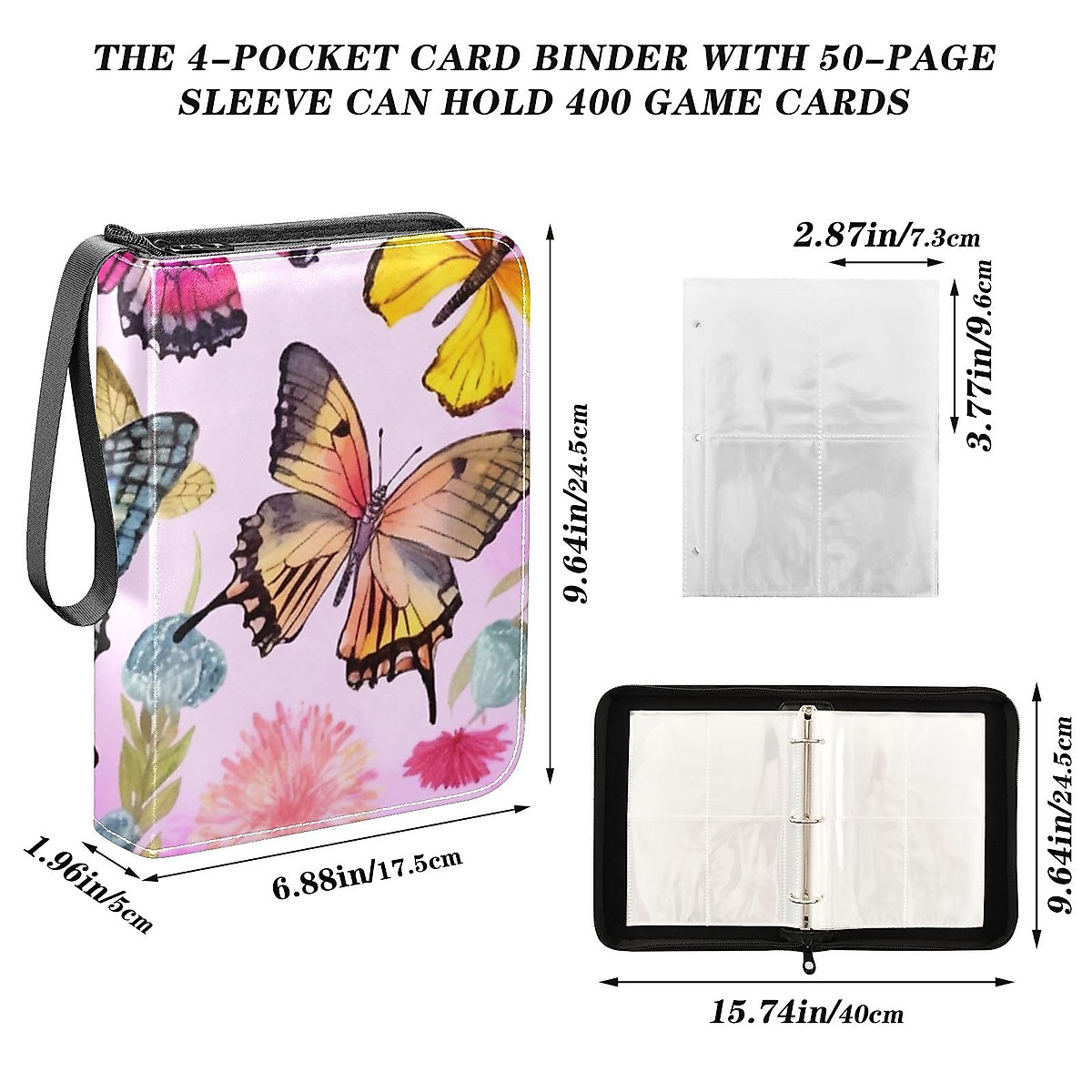 PYBUG Butterfly Trading Card Binder with Nylon Strap 4-Pocket Waterproof PU Leather Card Collection Binder for 400 Cards Sturdy Card Holder Folders for Game Cards,Sports Cards