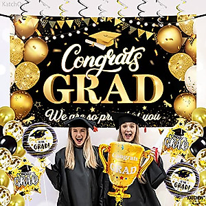 KatchOn, Graduation Decorations Class of 2023 Set - Big, Pack of 49 | Black and Gold Congrats Grad Banner, Graduation Balloons | Graduation Backdrop for Black and Gold Graduation Decorations 2023…