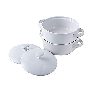 Bruntmor 20 Oz Round Soup Crock With Lid, Ceramic Serving White Soup Bowl With Large Loop Handle, White Ceramic bakeware with lid, French onion soup, Cereals, Oven and Dishwasher Safe- White