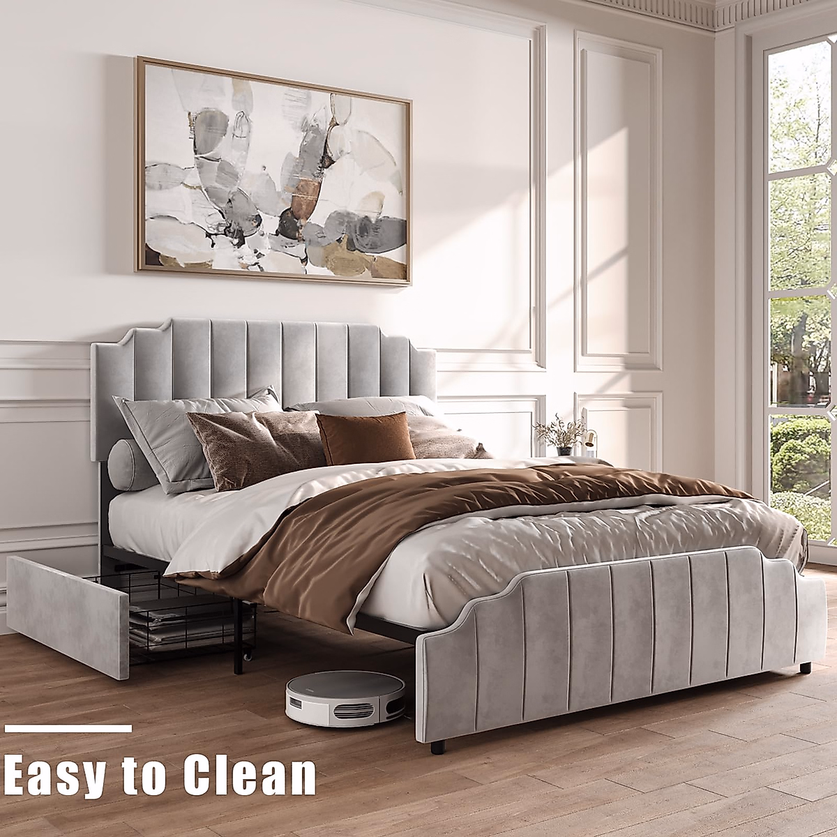 PaPaJet Queen Bed Frame with Storage Upholstered Platform Bed with 4 Drawers and Adjustable Headboard, Wooden Slats Support, No Box Spring Needed, Light Grey