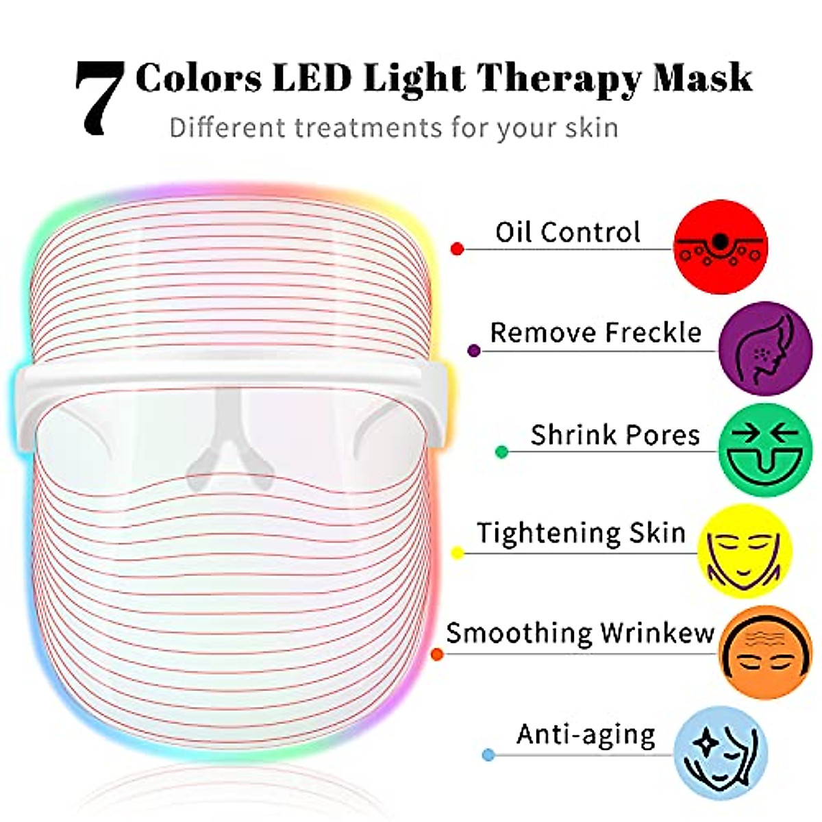 Yofuly 7 Colors L E D Facial Face Mâsk, Portable & Light Face M-Ask Skin Care Device for Home Use