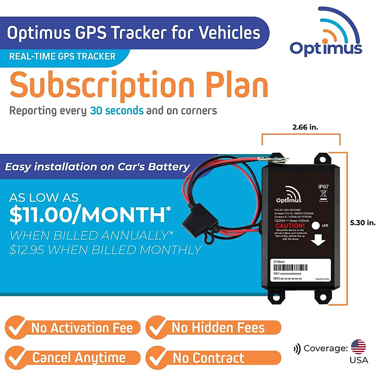 Optimus Wired GPS Tracker for Vehicles - Easy Installation on Car's Battery - Low Cost Subscription Plan Options