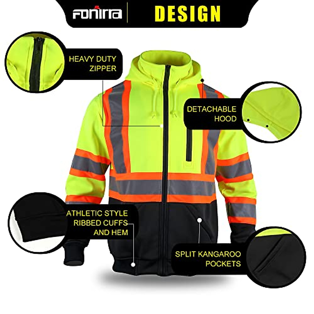 FONIRRA Hi Vis Safety Fleece Zip Hoodie for Men Reflective Sweatshirts ANSI Class 3 Jackets Detachable Hood (Yellow,XL)