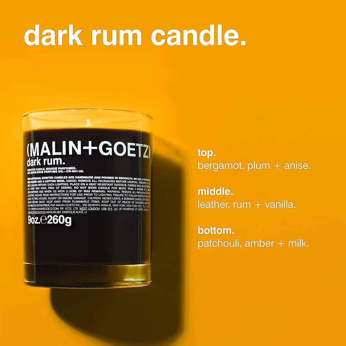 MALIN+GOETZ Women's Dark Rum Candle, Dark Rum, Brown, 9.0 Fl Oz