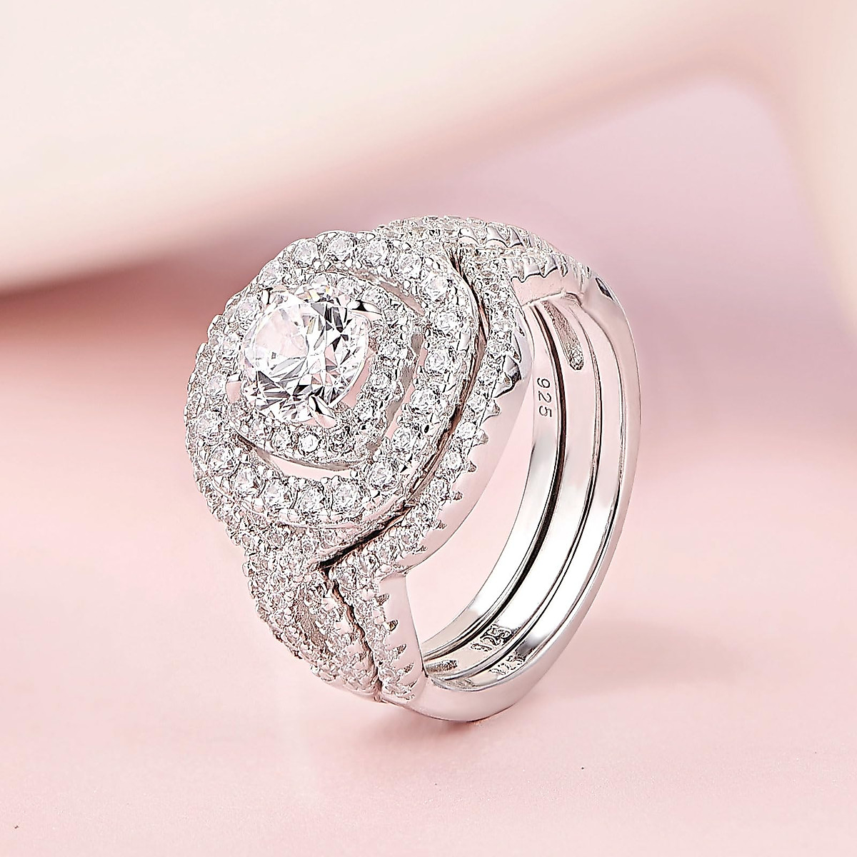 SHELOVES Engagement Wedding Ring Set for Women Double Halo Sterling Silver Round White AAAAA Cz Size 6.5