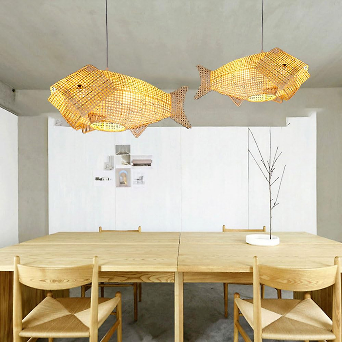 PARREN Fish-Shape Lantern Chandelier Hand-Wove Lamp Shade Modern Boho Style Bamboo Art Wicker Pendant Lamp Adjustable Ceiling Lighting Fixture Over Kitchen Island for Living Room,Dining Room Bedroom