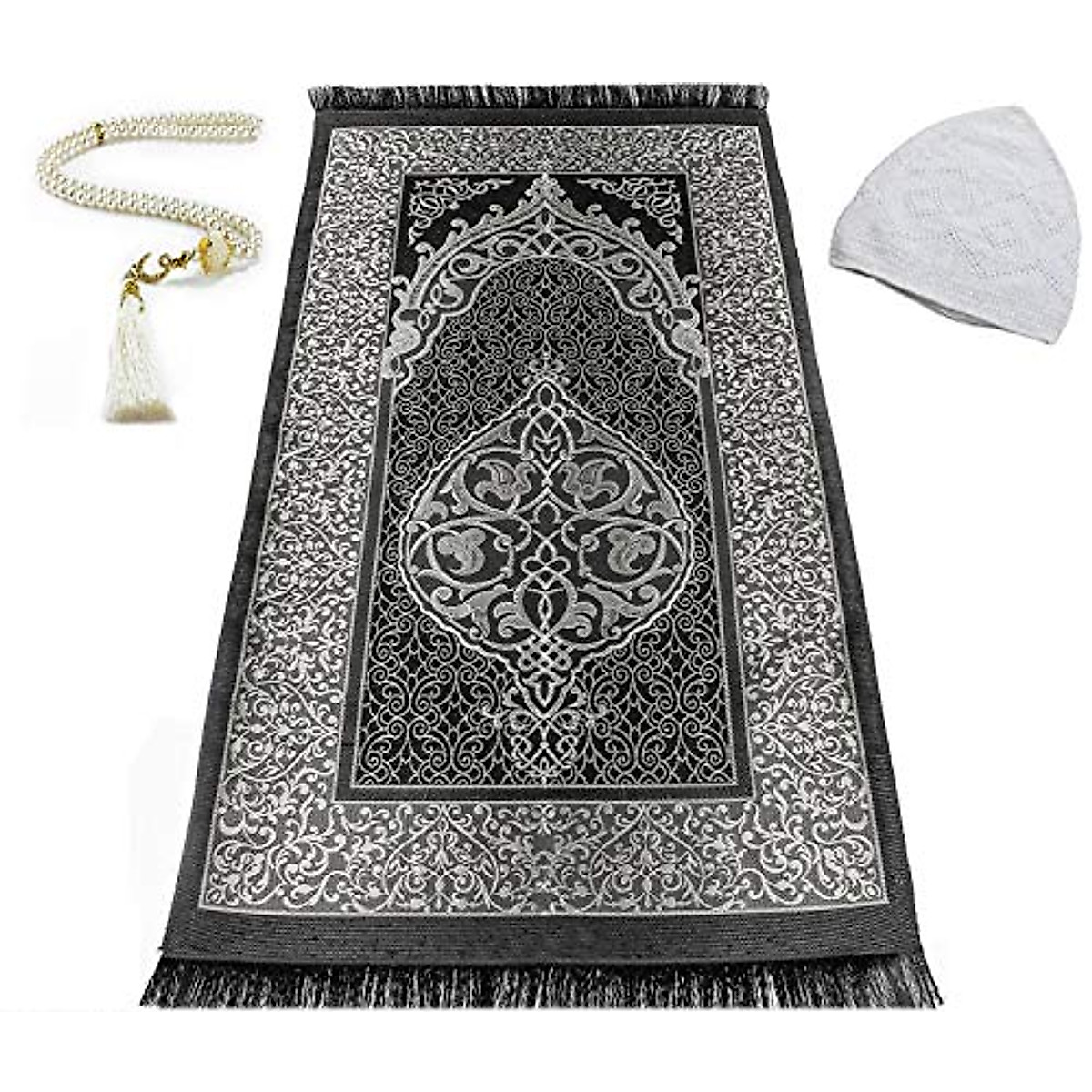 EDUS Turkish Muslim Prayer Rug, Gifts 99 Prayer Beads and Kufi Hats for Men, Cotton Islamic Prayer Mat for Men Women and Kids, Portable Carpet, Great Ramadan Gifts, Ottoman Rugs (Grey)
