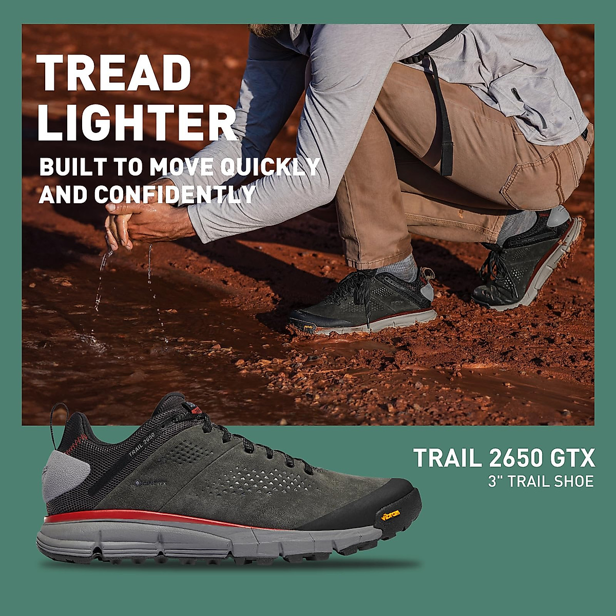 Danner Trail 2650 3” Waterproof Hiking Shoes for Men - Durable Leather & Textile Upper with Breathable Gore-Tex Lining and Vibram Traction Outsole, Dark Gray/Brick Red - 8 D