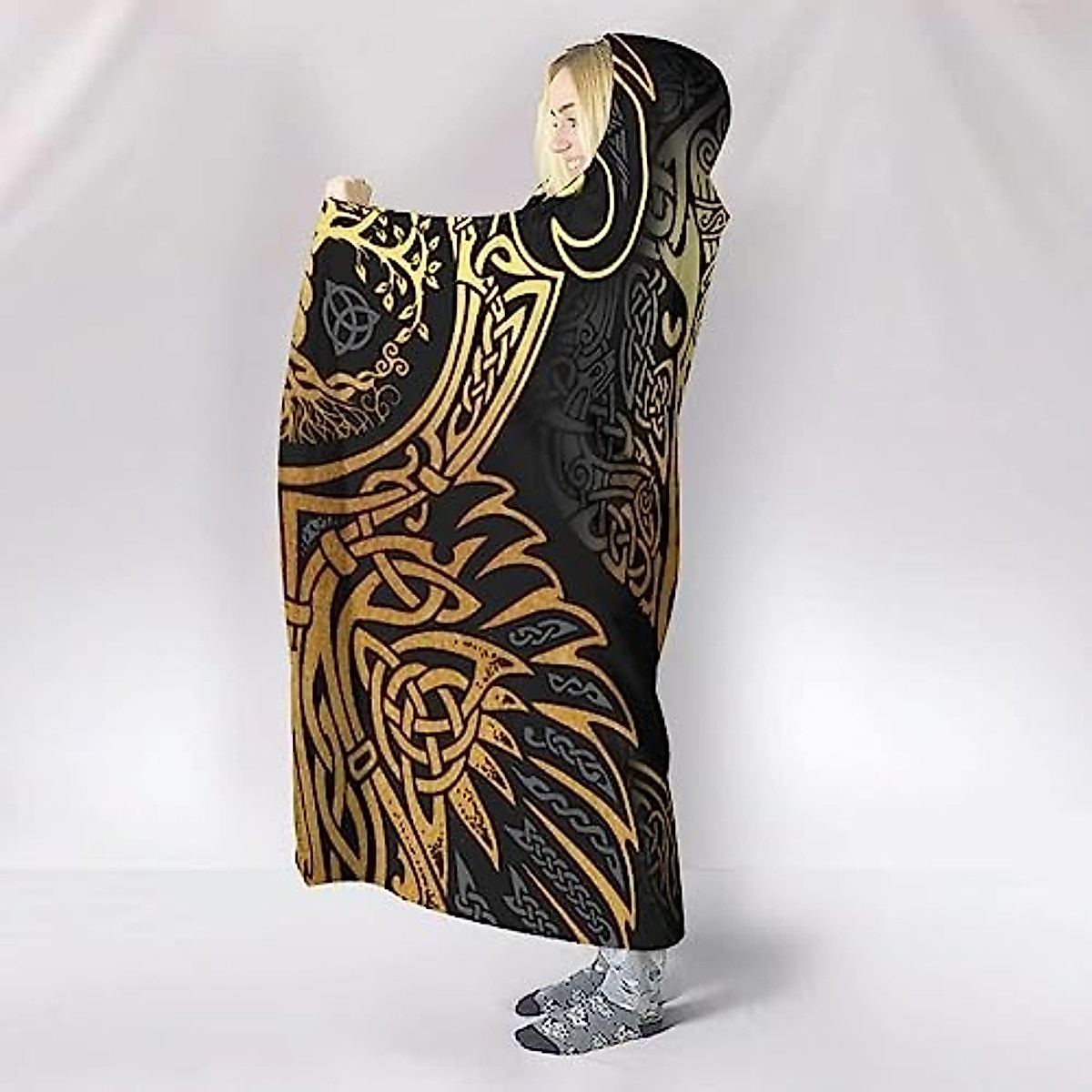 Viking 3D Printing Hooded Blanket Warm And Soft Fenrir Wolf Compass Tree Of Life Unisex Winter Wearable Hooded Blanket Double Thick Plush Wool Blanket Cape ( Color : Blanket , Size : 80x60in/150x200cm