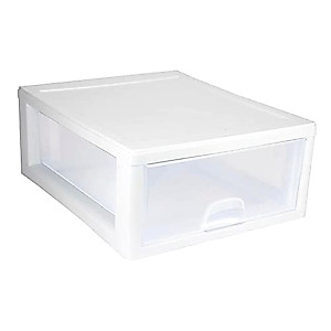 Sterilite 16 Quart Stackable Sturdy Plastic Storage Drawer Container for Home and Office Organization, Clear and White (12 Pack)