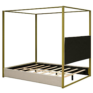 XD Designs Modern 4-Poster Canopy Platform Bed Queen Size with Channel Upholstery Tufted Headboard, Gold Metal Canopied Design Platform Bed Frame with Strong Slats Support (Beige+U)