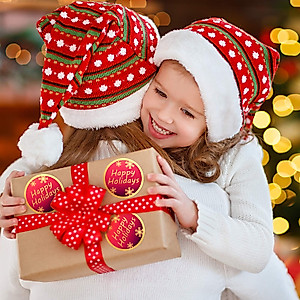 500 Pieces Happy Holidays Stickers Gold Foil Stamping Sticker 2 Inch Large Round Holiday Stickers for Christmas Holiday Cards Envelopes Boxes, 5 Styles