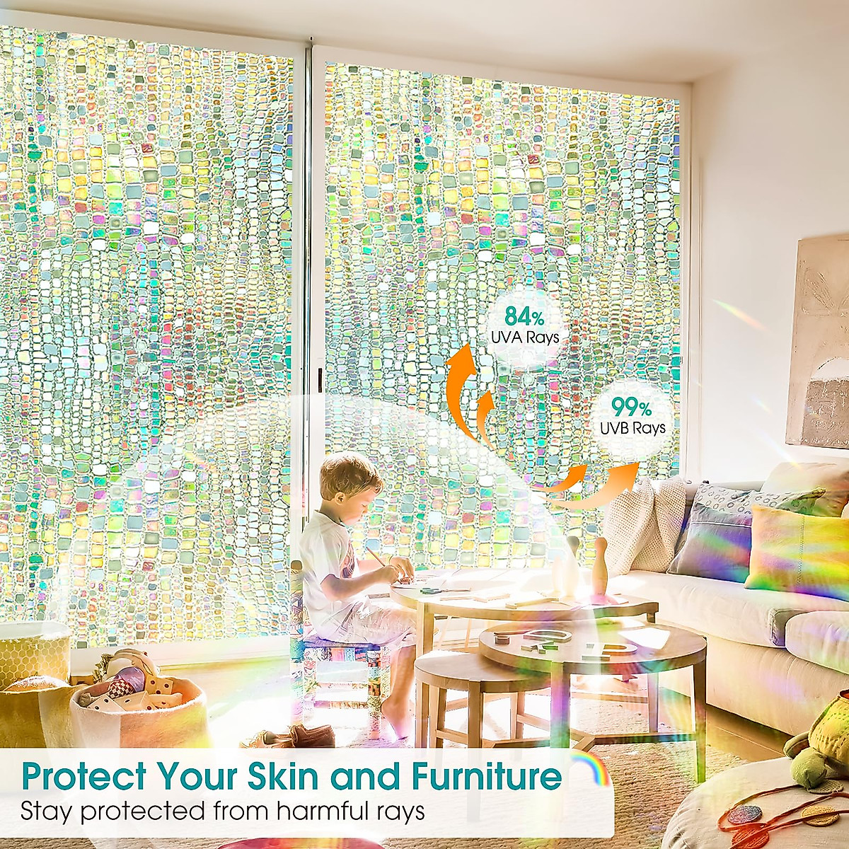 Windimiley Window Privacy Film 3D Rainbow Static Clings Bathroom Stained Glass Decorative Window Sticker Prism Holographic Window Decals Sun Blocking Non-Adhesive Door Covering,17.5x118.1In, Pure