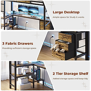 BTHFST Twin Loft Bed with L-Shaped Desk, Metal Twin Size Bed Frame with LED Lights & Charging Sation, 3 Fabric Drawers, 2-Tier Storage Shelves, Safety Guard & Ladder, No Box Spring Needed