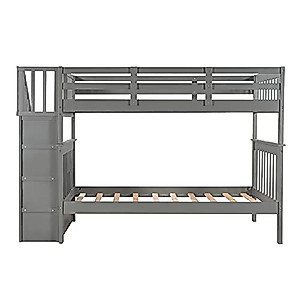 Harper & Bright Designs Twin Over Twin Bunk Beds with Stairs Wood Bunk Bed Frame with Storage Shelves for Kids Boys Girls Teens, Can be Divided into 2 Beds, Gray
