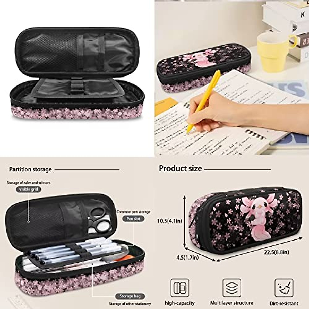 Glomenade Pink Axolotl Sakura School Backpacks Back to School Cherry Blossom Shoulder Bookbags Lightweight Casual Travel Daypack Picnic Bag Portable Schoolbags Pencil Pen Case