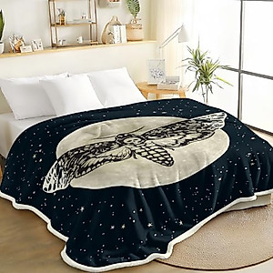 Sleepwish Death Moth Throw Blanket Hawk Moth Skull Sherpa Fleece Blanket Black Galaxy Star Print Blanket Large Size Gothic Halloween College Dorm Decor, Queen (90" X 90")
