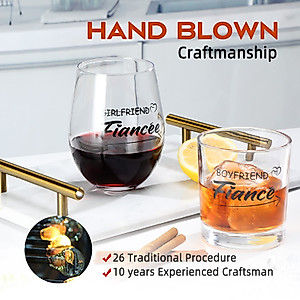 RorAem Whiskey Glasses and Wine Glasses Set - Engagement Gifts for Couples Boyfriend and Girlfriend Fiance Fiancee Gifts for Her and Him - Stemless Wine Glass For Mr and Mrs Bride Groom