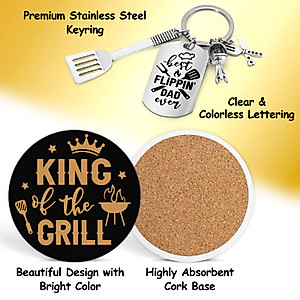 Grill Father Gift Set Funny 16oz Whiskey Beer Glass BBQ Grilling Best Dad Ever Keychain King of the Grill Coaster Gift Blanck Gold Thank You Card for Dad Husband Fathers Day Christmas Gift for Men