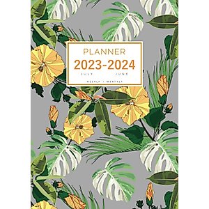 Planner July 2023-2024 June: A4 Weekly and Monthly Organizer | Summer Tropical Floral Design Gray