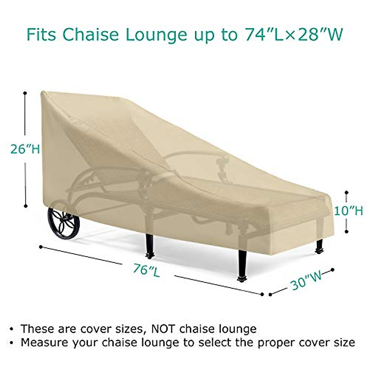 SunPatio Outdoor Chaise Lounge Cover, Waterproof Patio Furniture Lounge Chair Cover with Sealed Seam, Heavy Duty Chaise Cover 76" L x 30" W x 26"/10" H, All Weather Protection, Beige