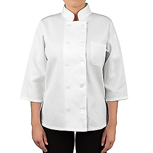 KNG 3/4 Sleeve White Chef Coat for Women - Ladies Fitted Chefs Jacket - M