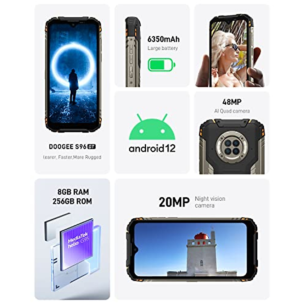 DOOGEE Rugged Smartphone(2022), S96 GT 6.3" 8GB+256GB Waterdrop Screen Rugged Phone Unlocked, Android 12 Phone, Night Vision, 48MP Quad Camera, IP68 Waterproof Ourdoor Cell Phone, NFC, OTG, Dual 4G
