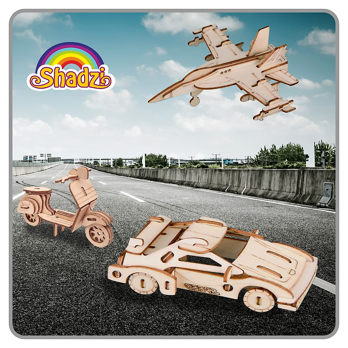 Wooden Puzzle 3D Miniature Vehicles Bundle DIY Set Wooden Model Kit 12 Pack, Model Building Craft, Puzzle toys Games for Kids and Adults