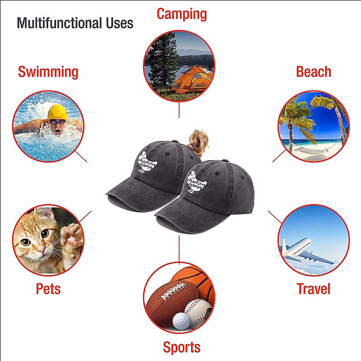 Chicken Mama Hat, Farm Hen Baseball Cap Vintage Washed Distressed Denim Adjustable Dad Hats (Chicken Mama Black, one size)