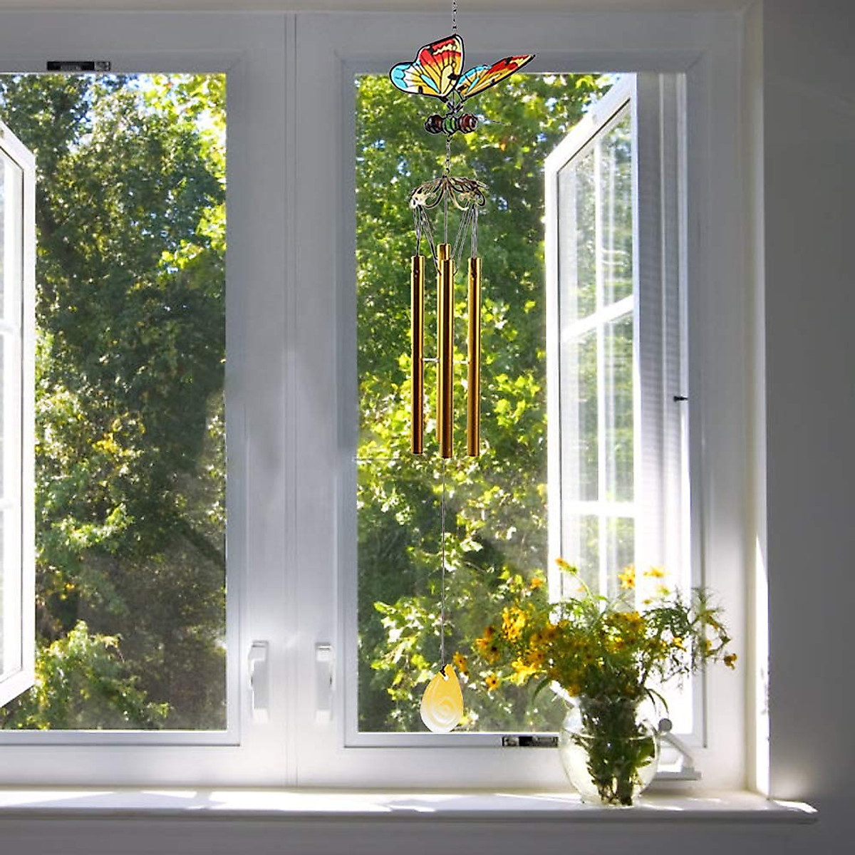 Butterfly Wind Chimes, AVEKI 27.5''H Iron Stained Glass Butterfly Wind Chimes Gifts for Mom Outdoor/Indoor Wind Chimes for Home, Garden, Window, Yard, Patio, Lawn Decoration (Yellow)