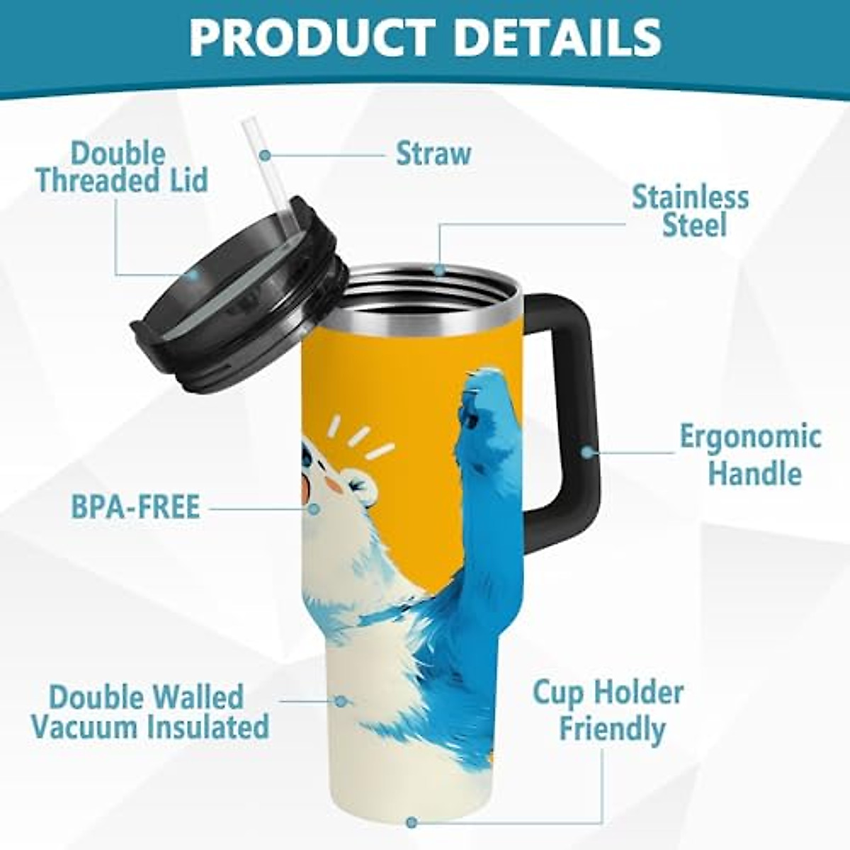 linqin Excited Blue Polar Bear Vacuum Insulated Tumbler with Lid and Straw 30 oz Water Bottle with Strap Reusable Stainless Steel Coffee Mug for Water, Iced Tea or Coffee