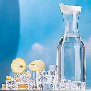 4 Pack Clear Plastic Water Carafes 50 Oz Beverage Pitcher Carafe with Flip top Lids and 16.4 Ft Rope 30 pieces Paper Cards for Tea Juice Water iced Coffee, Narrow Neck Design