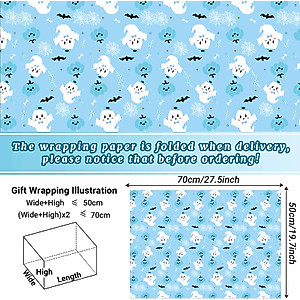 12 Sheets Halloween Wrapping Paper Blue Ghost Pumpkin Bat Printed Gift Wrap Paper Folded Flat Art Decorative Paper for Happy Boo Day Gifts Wrapping Baby Shower DIY Crafts, 19.7 x 27.5 inch