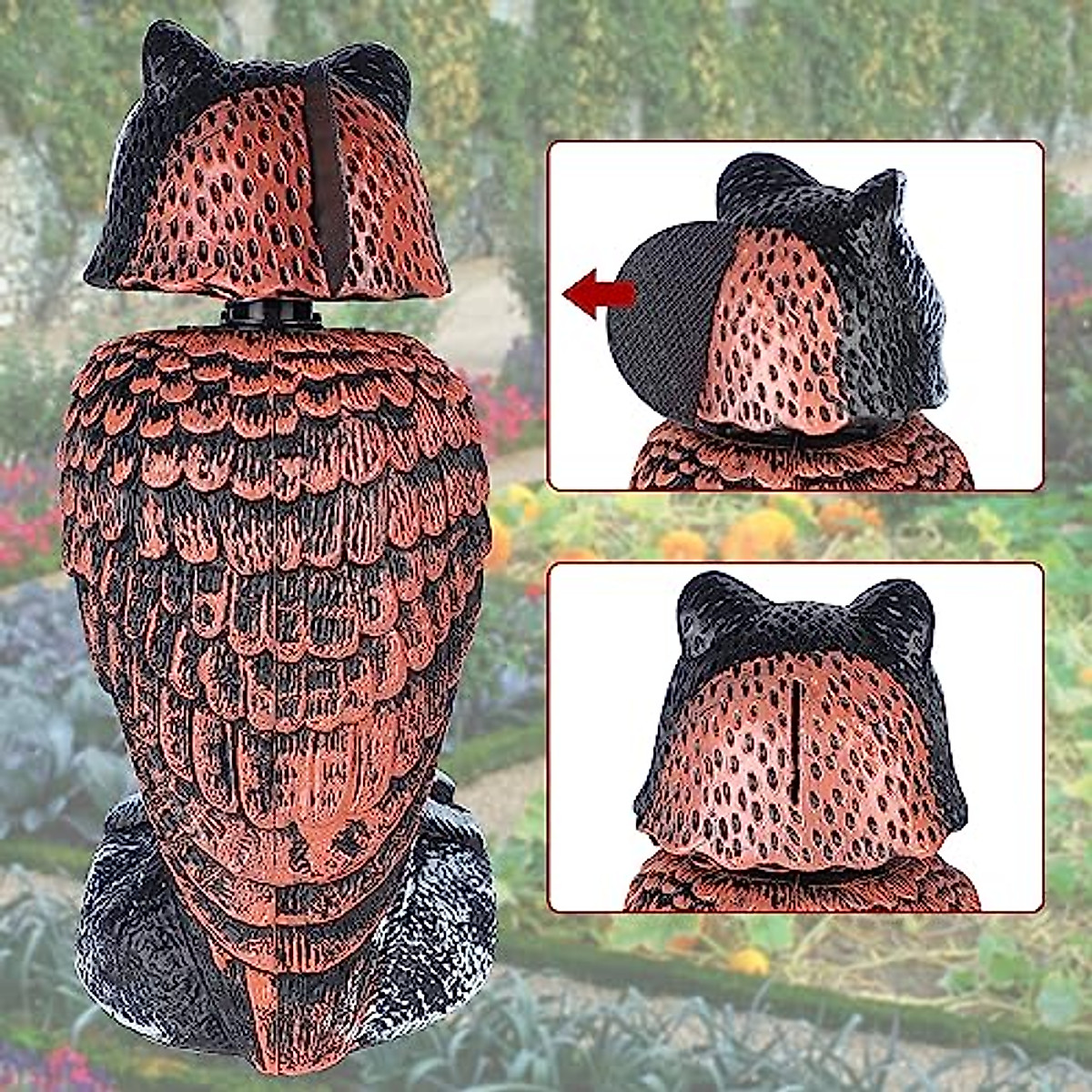 Hausse 2 Pack Fake Owl Decoy Bird Scarecrow Sculpture, Rotating Head Plastic Owl Bird Deterrents, Nature Enemy Horned Pest Repellent for Outdoor Garden Yard