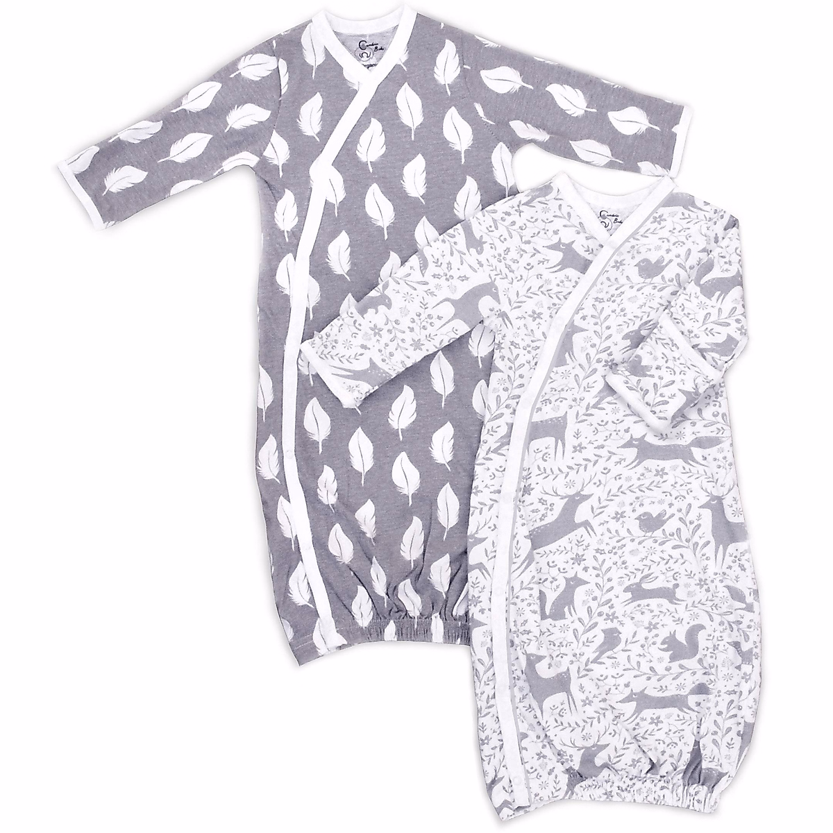 Cambria Baby 100% Organic Kimono Gowns. Side Snaps with Built in Mitts. (0-6 Months, Feathers and Forest Animals)